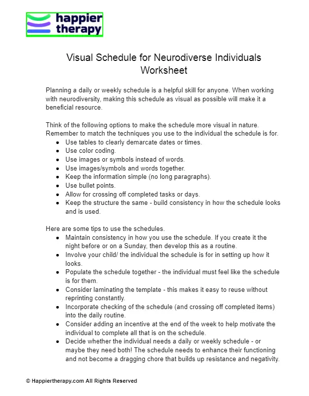 Visual Schedule For Neurodiverse Individuals Worksheet | HappierTHERAPY