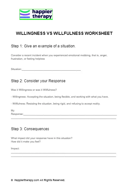 WILLINGNESS VS WILLFULNESS WORKSHEET | HappierTHERAPY