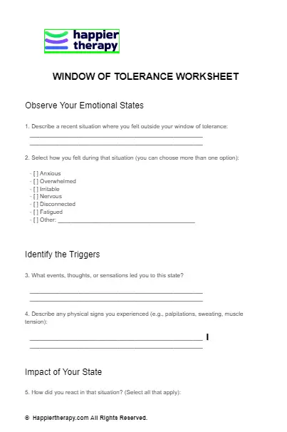 WINDOW OF TOLERANCE WORKSHEET | HappierTHERAPY