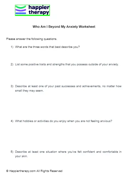 Who Am I Beyond My Anxiety Worksheet | HappierTHERAPY