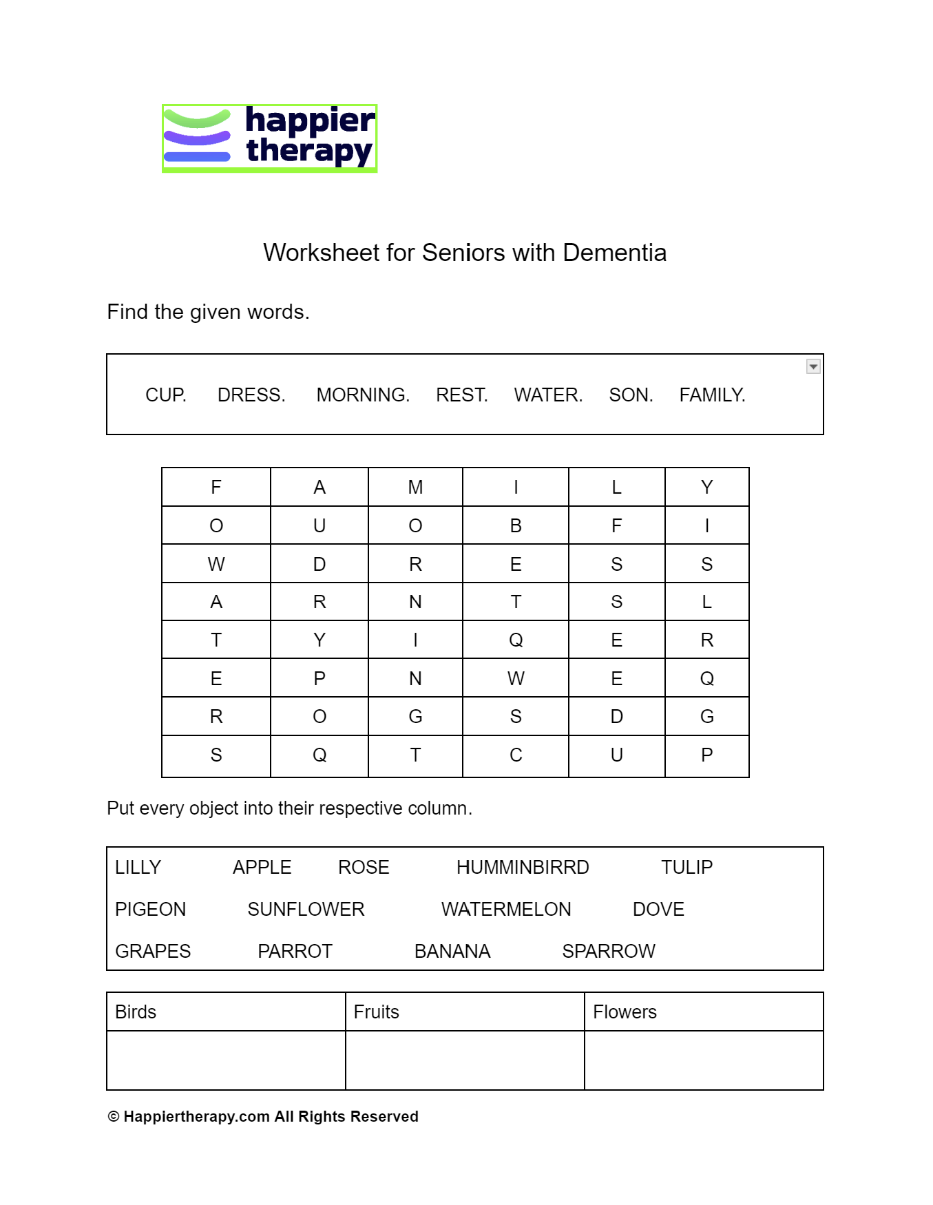 Worksheet For Seniors With Dementia | HappierTHERAPY