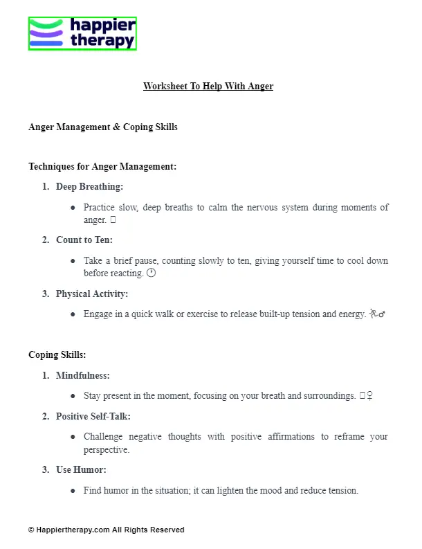 Worksheet To Help With Anger | HappierTHERAPY