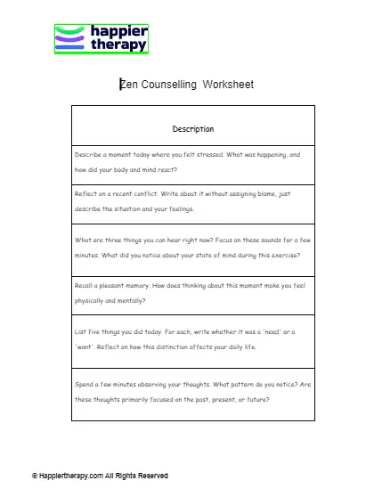 Zen Counselling Worksheet | HappierTHERAPY