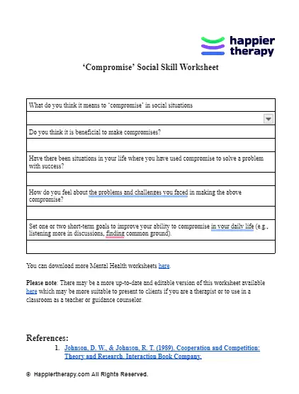 ‘Compromise’ Social Skill Worksheet | HappierTHERAPY