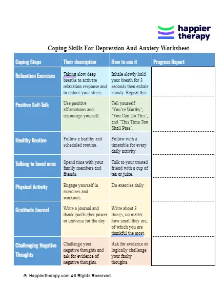Coping Skills For Depression And Anxiety Worksheet | HappierTHERAPY