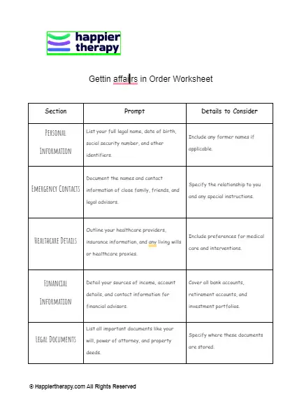 Getting Affairs In Order Worksheet | HappierTHERAPY