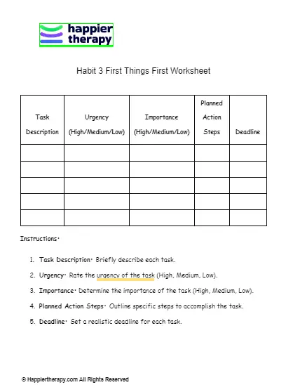 Habit 3 First Things First Worksheet | HappierTHERAPY