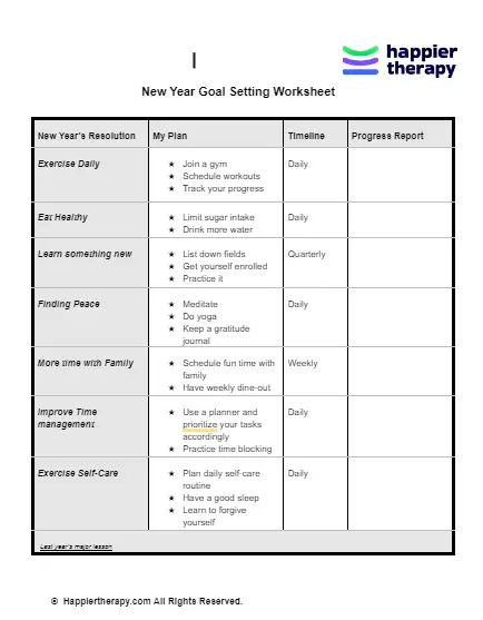 New Year Goal Setting Worksheet | HappierTHERAPY